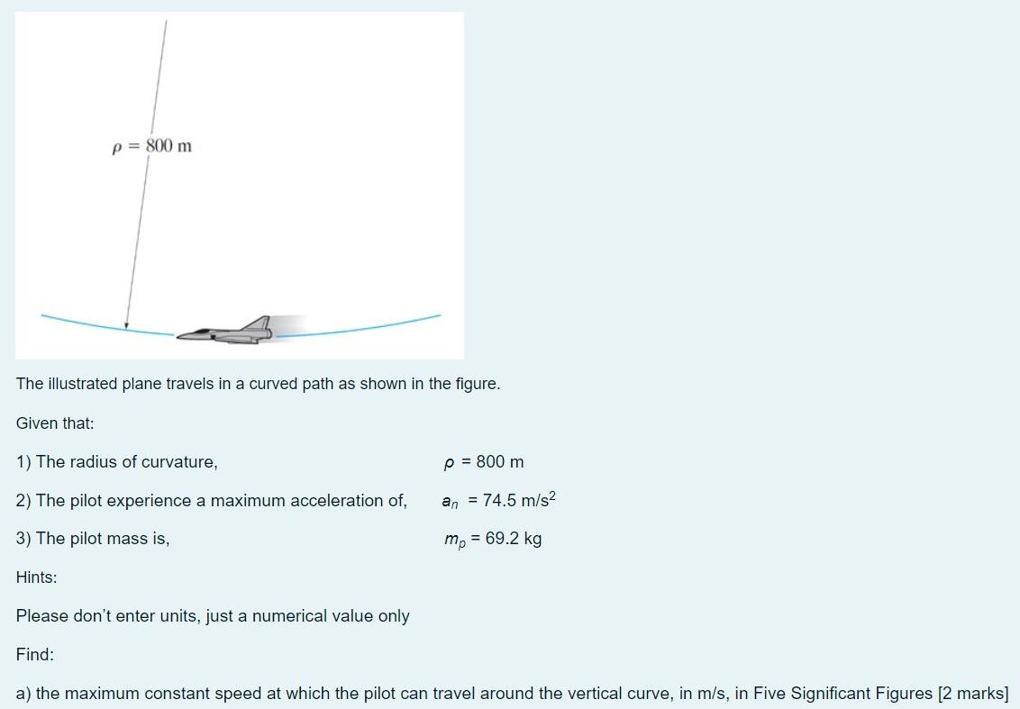 Solved p = 800 m The illustrated plane travels in a curved | Chegg.com