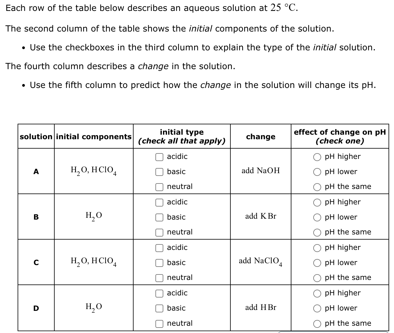 Solved Each row of the table below describes an aqueous | Chegg.com