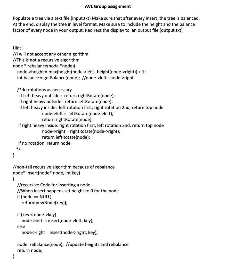 Solved AVL Group assignment Populate a tree via a text file | Chegg.com