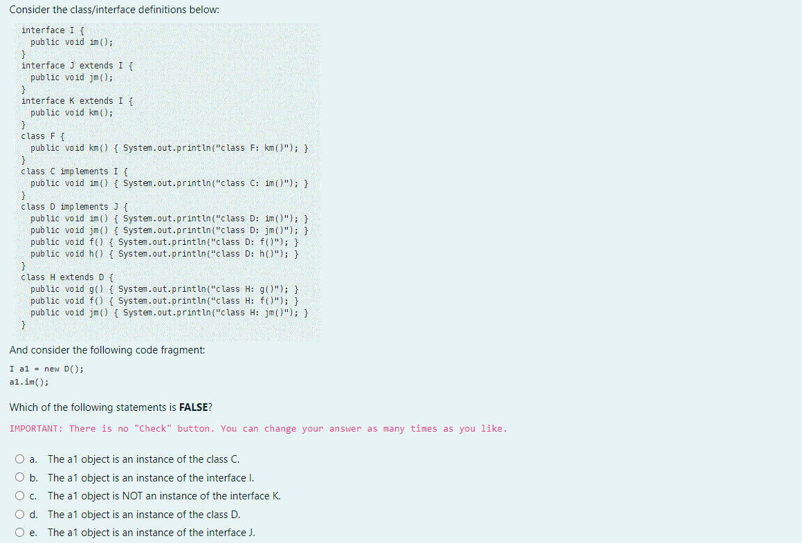 Solved Consider the class/interface definitions below: | Chegg.com