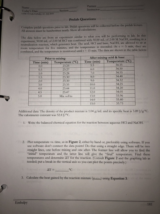 Solved Name Today's Date Partner Instructot Section Prelab | Chegg.com