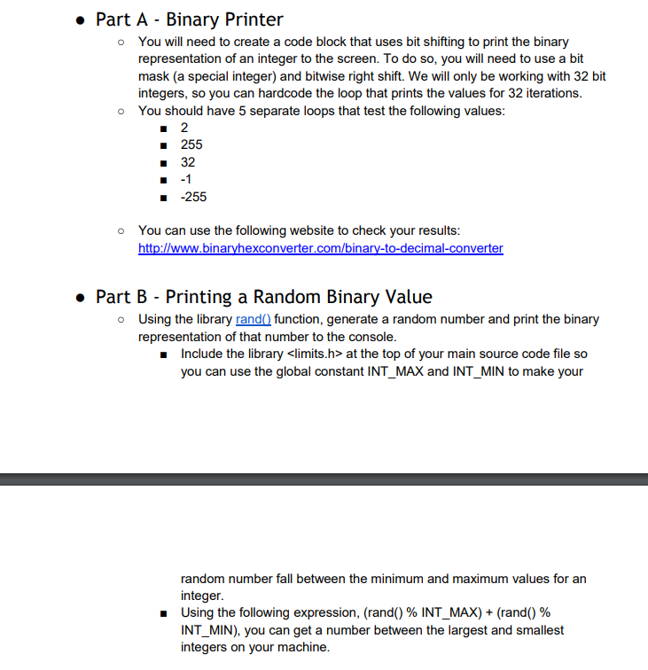 Solved . Part A - Binary Printer You will need to create a | Chegg.com