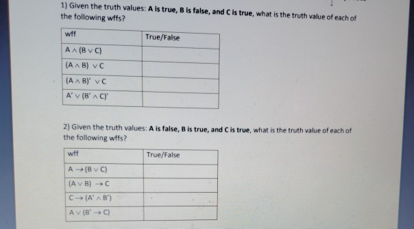 Solved 1) Given the truth values: A is true, B is false, and | Chegg.com