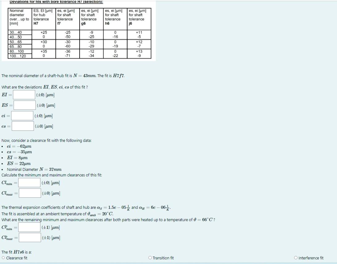 Solved Veviations for fits with bore tolerance H7 | Chegg.com
