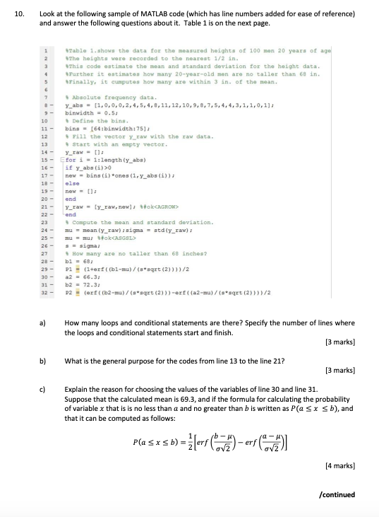 Solved 10. Look at the following sample of MATLAB code | Chegg.com