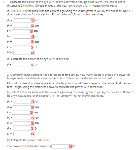 Solved 1. 1. Calculate the power of the eye with ideal | Chegg.com