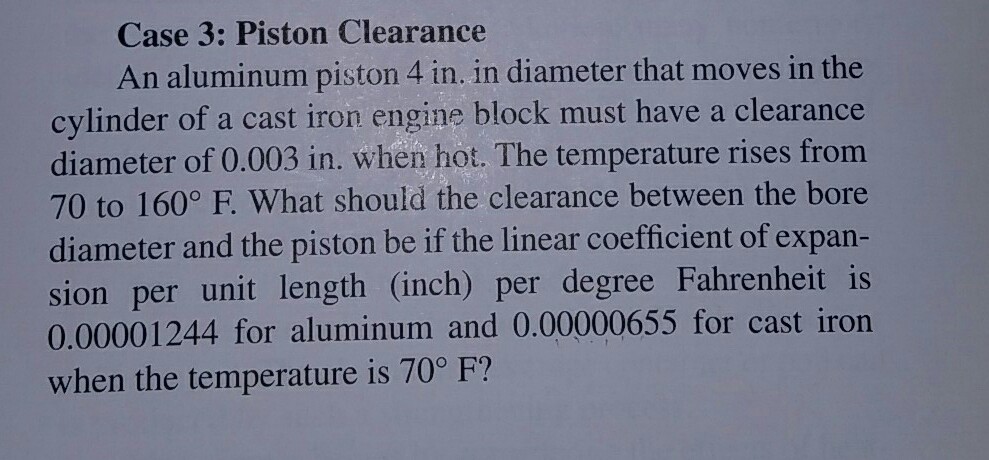 Solved Case 3: Piston Clearance An aluminum piston 4 in. in | Chegg.com
