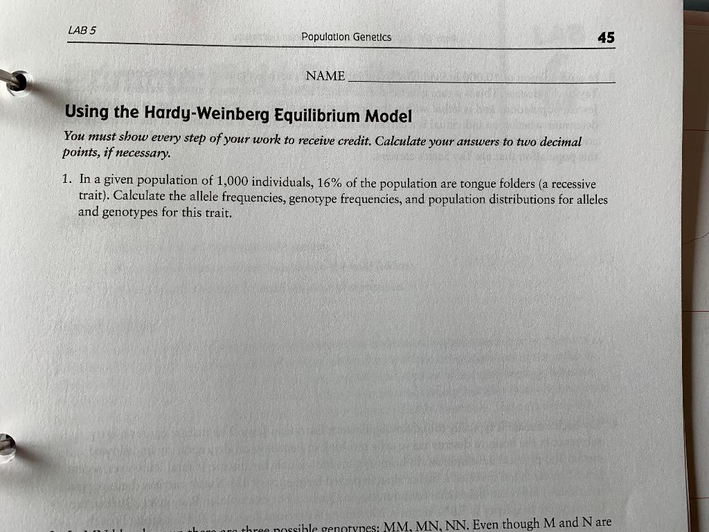 Solved LAB 5 Population Genetics 45 NAME Using the | Chegg.com