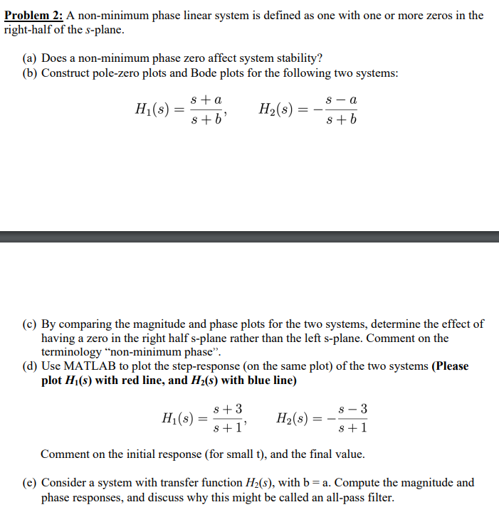 Problem 2: A non-minimum phase linear system is | Chegg.com