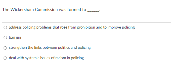 Solved The Wickersham Commission was formed to address | Chegg.com