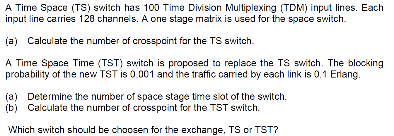 Solved A Time Space (TS) switch has 100 Time Division | Chegg.com