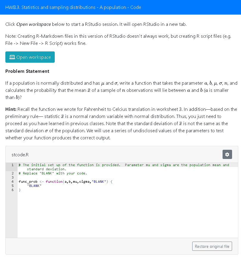 Solved HW8.3. Statistics and sampling distributions - A | Chegg.com