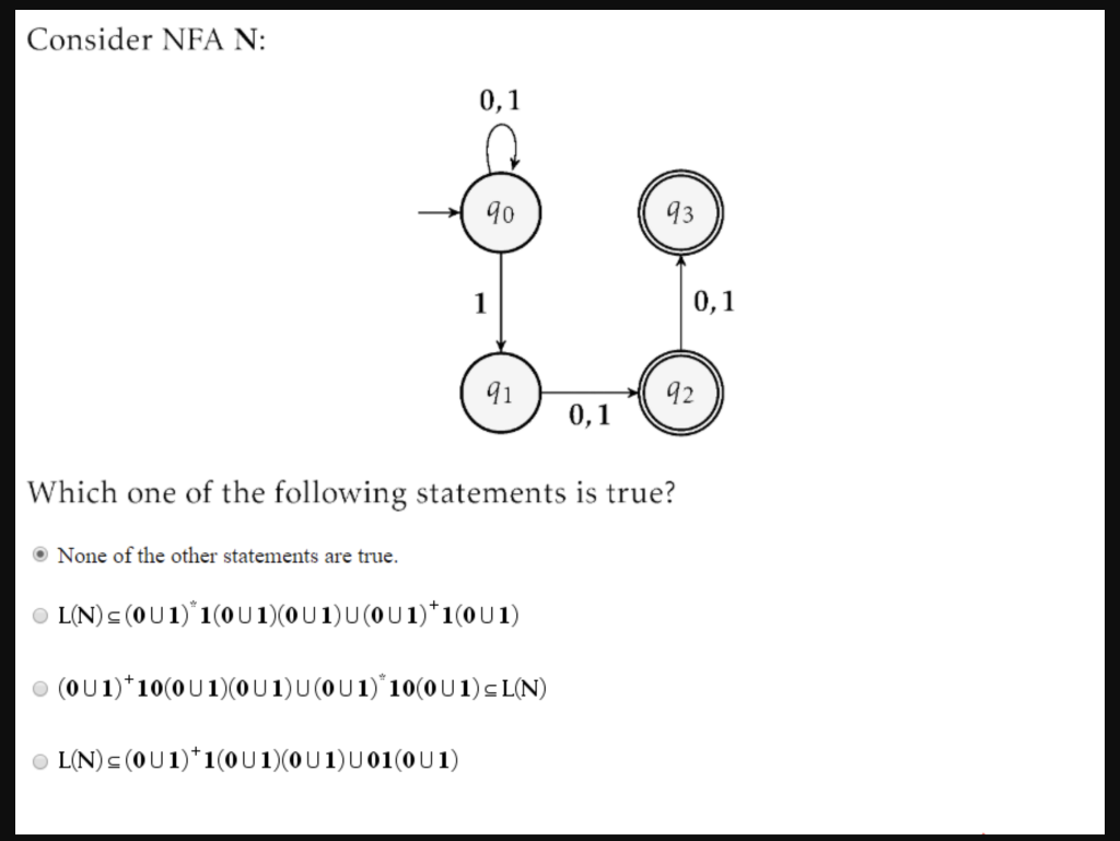 Solved Consider NFA N: 0,1 90 93 1 0,1 91 0,1 Which one of | Chegg.com
