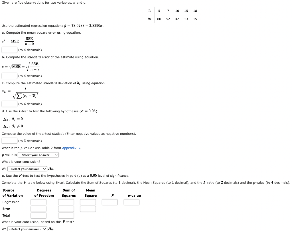 Solved Given are five observations for two variables, x and | Chegg.com