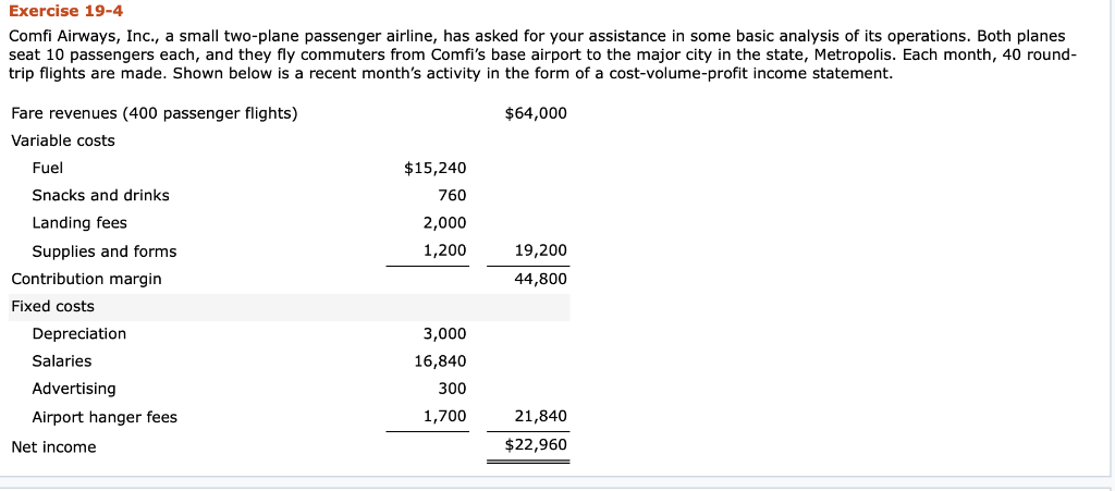 Solved Exercise 19-4 Comfi Airways, Inc., a small two-plane | Chegg.com