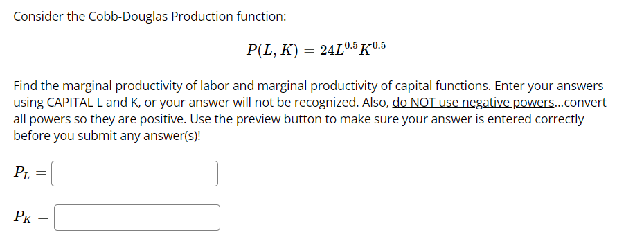 Solved Consider the Cobb-Douglas Production | Chegg.com