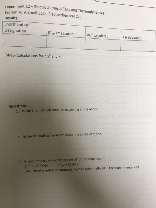 Experiment 12-Electrochemical Cells and | Chegg.com