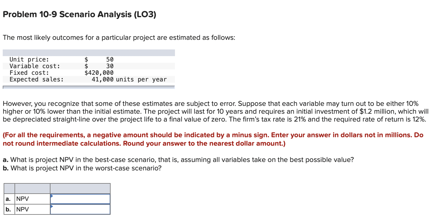Solved Problem 10-9 Scenario Analysis (LO3) The most likely | Chegg.com
