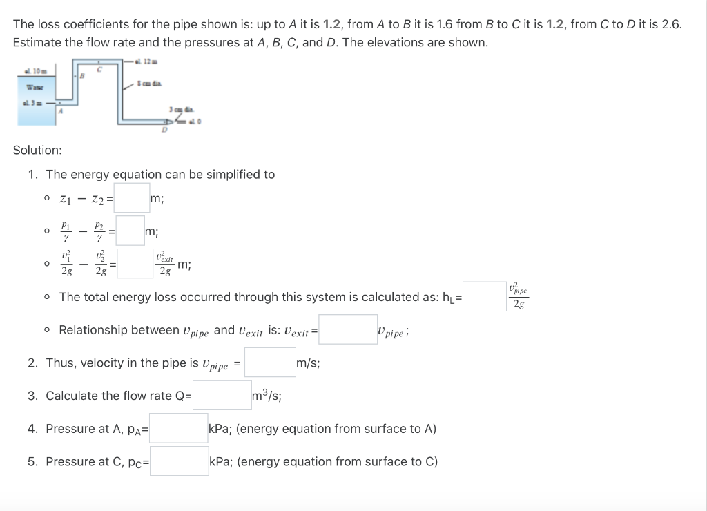 Solved The loss coefficients for the pipe shown is: up to A | Chegg.com