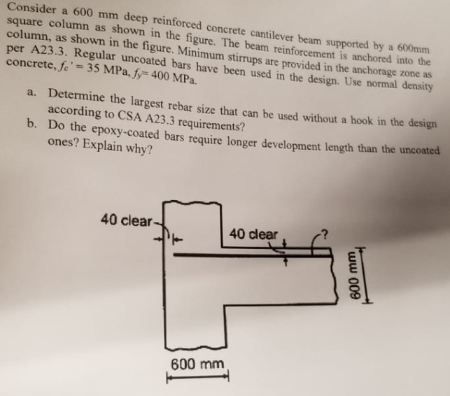 Consider a 600 mm deep reinforced concrete cantilever | Chegg.com