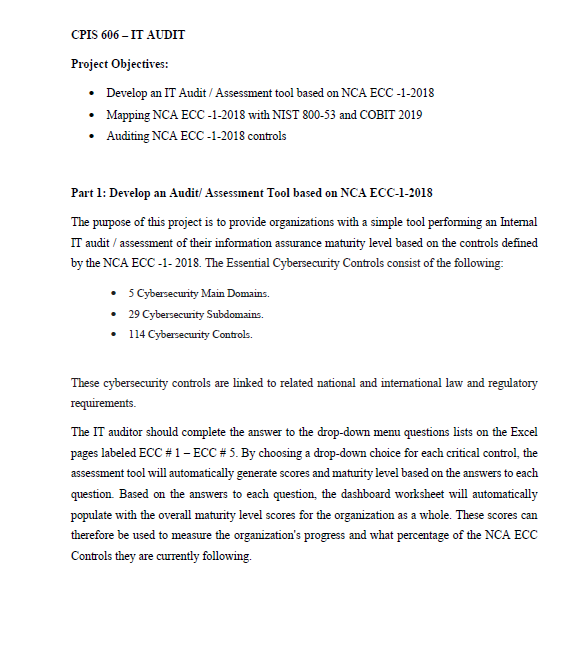 Solved CPIS 606 - IT AUDIT Project Objectives: - Develop an | Chegg.com