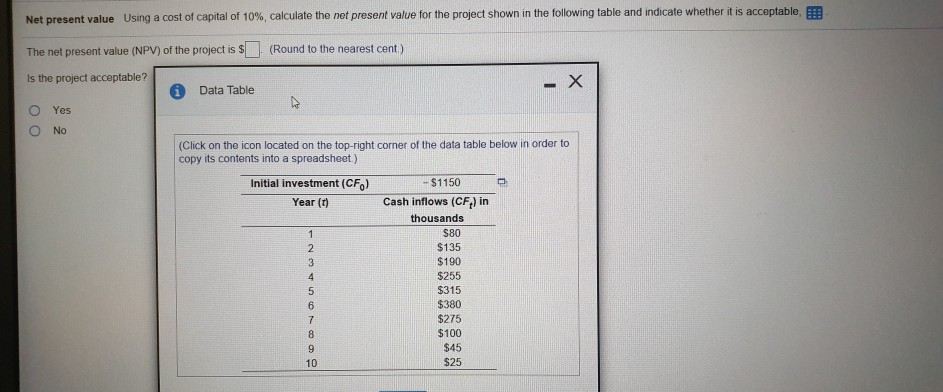 Solved Net present value Using a cost of capital of 10%, | Chegg.com