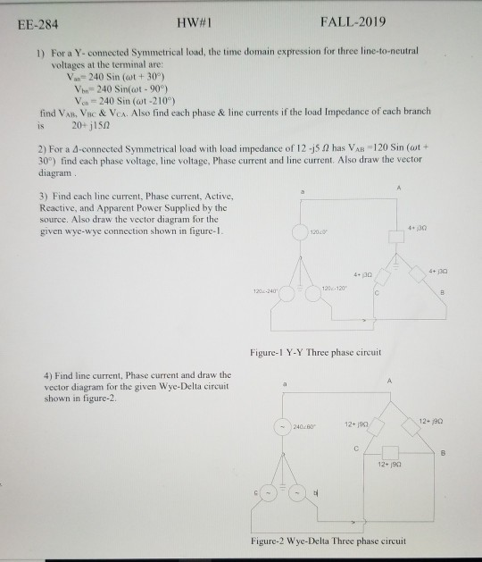 Solved EE-284 HW#1 FALL-2019 1) For a Y-connected | Chegg.com