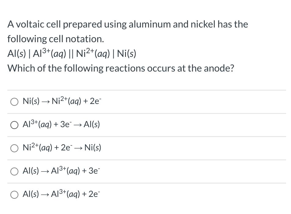 Solved A voltaic cell prepared using aluminum and nickel has | Chegg.com