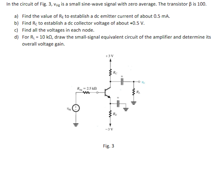Solved In the circuit of Fig. 3,vsig is a small sine-wave | Chegg.com