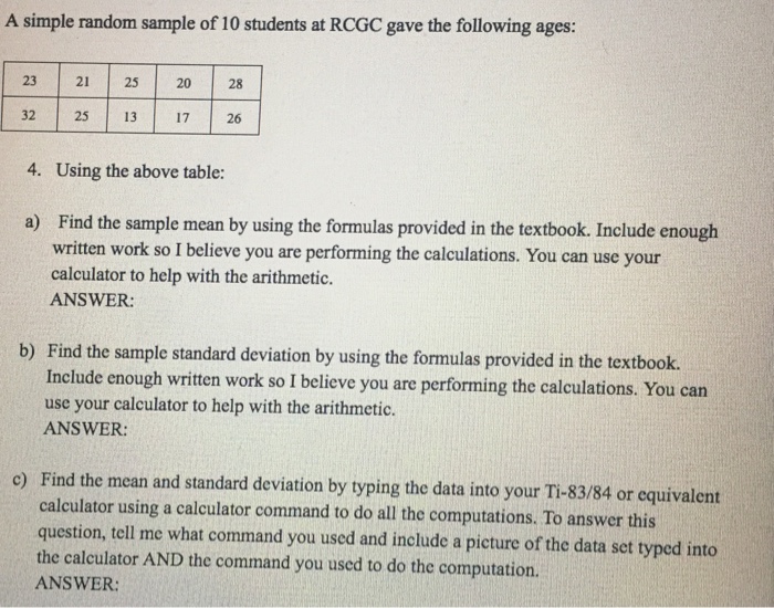 Solved A simple random sample of 10 students at RCGC gave | Chegg.com