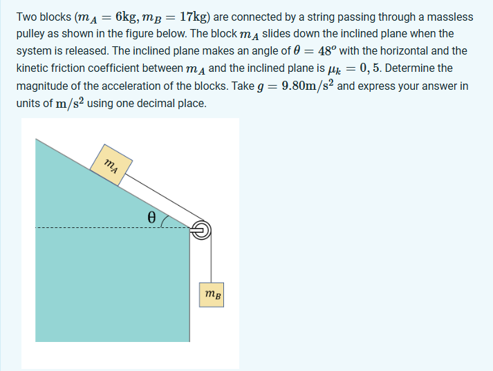 Solved mA=6kg,mB=17kg mA ﻿slides down the inclined plane | Chegg.com