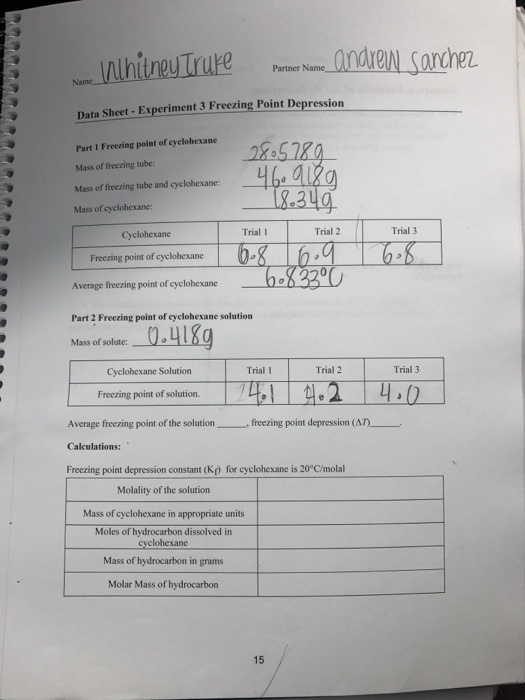 Solved Partner Name Al Data Sheet Experiment 3 Freezing | Chegg.com