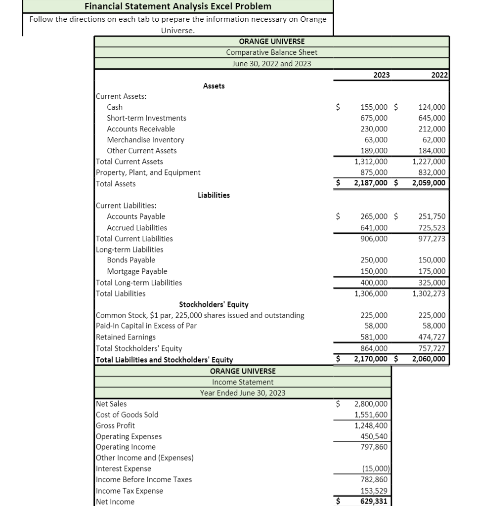 Solved Financial Statement Analysis Excel Problem Follow the | Chegg.com