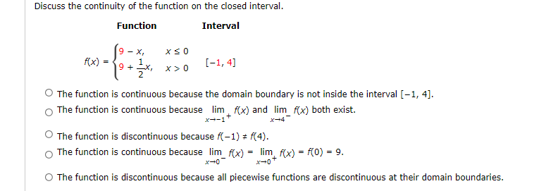 Solved Discuss the continuity of the function on the closed | Chegg.com