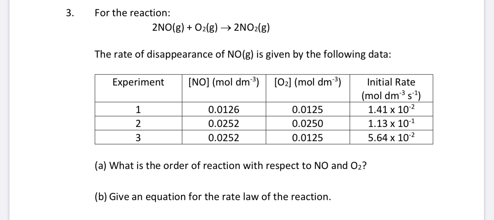 Solved 3. For the reaction: 2NO(g) + O2(g) → 2NO2(g) The | Chegg.com
