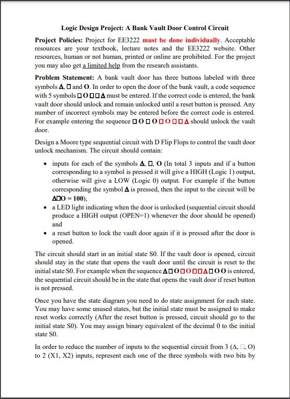 Solved Logic Design Project: A Bank Vault Door Control | Chegg.com