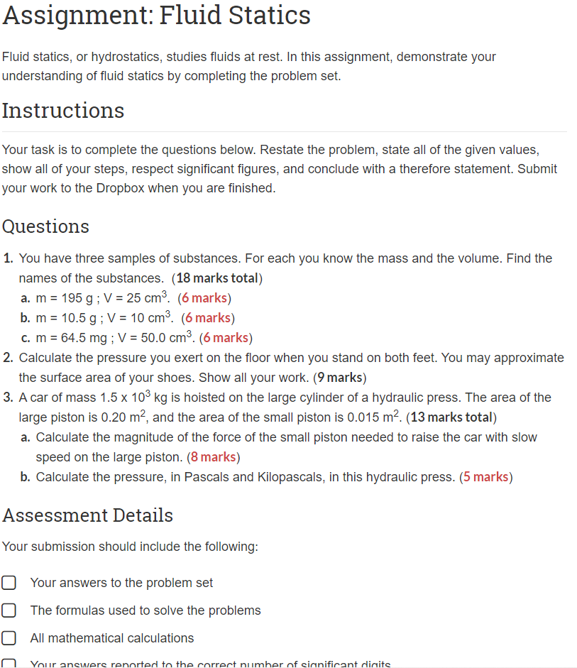 Solved Assignment: Fluid Statics Fluid statics, or | Chegg.com