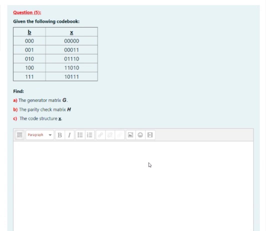 Question (5); Given the following codebook: b X 000 | Chegg.com