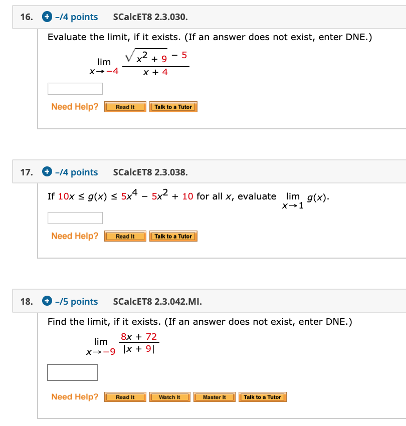 Solved 4-/4 points SCalcET8 2.3.030. 16. Evaluate the limit, | Chegg.com