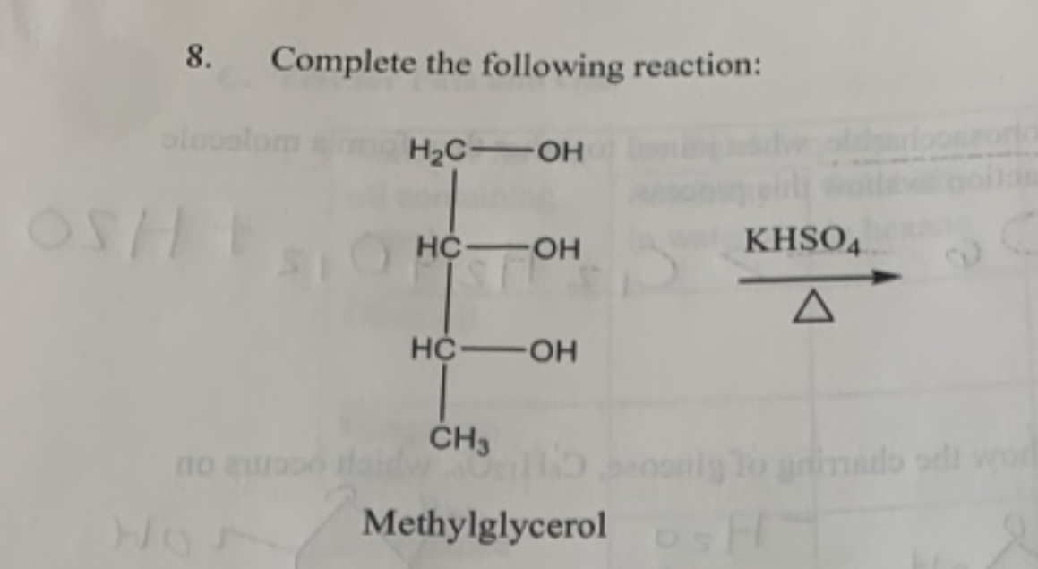Solved 8. Complete the following reaction: H2C-OH HCOH HC | Chegg.com