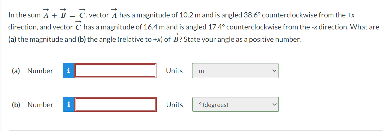 Solved In the sum A+B=C, vector A has a magnitude of 10.2 m | Chegg.com