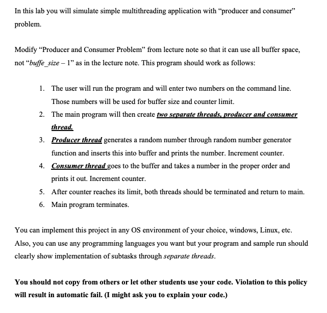 In this lab you will simulate simple multithreading | Chegg.com