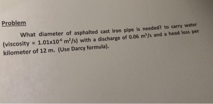 Solved Problem What diameter of asphalted cast iron pipe is | Chegg.com