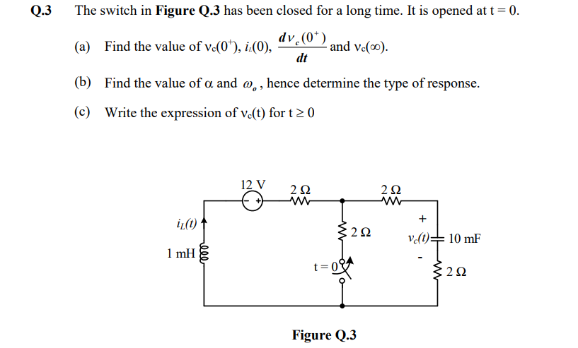 Solved Q.3 ﻿The switch in Figure Q.3 ﻿has been closed for a | Chegg.com
