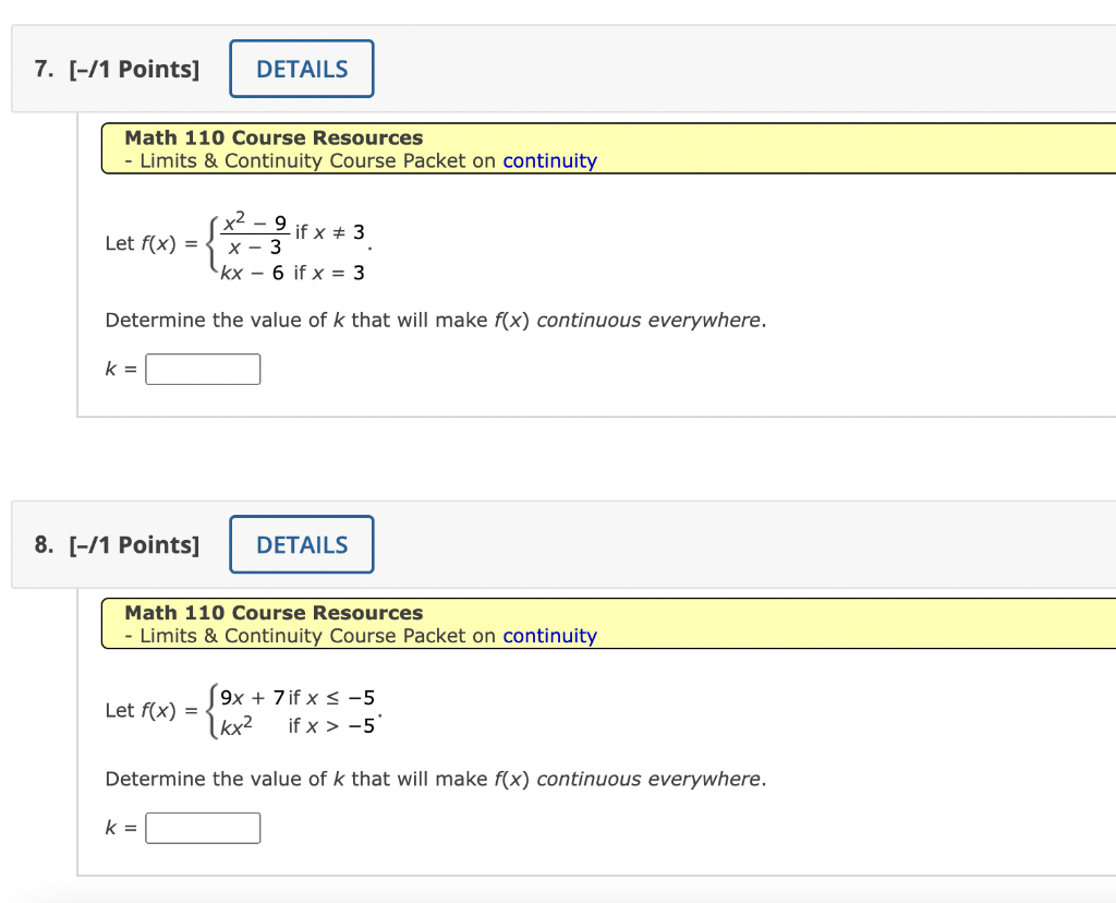 Solved Math 110 Course Resources - Limits \& Continuity | Chegg.com