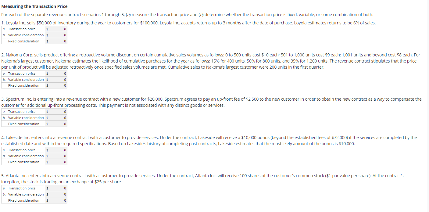 Solved Measuring the Transaction Price For each of the | Chegg.com