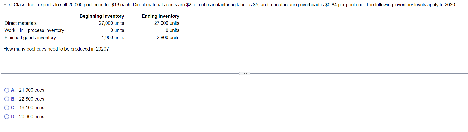 Solved How many pool cues need to be produced in 2020? A. | Chegg.com