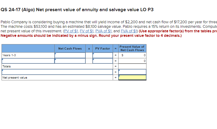 Solved QS 24-17 (Algo) Net present value of annuity and | Chegg.com