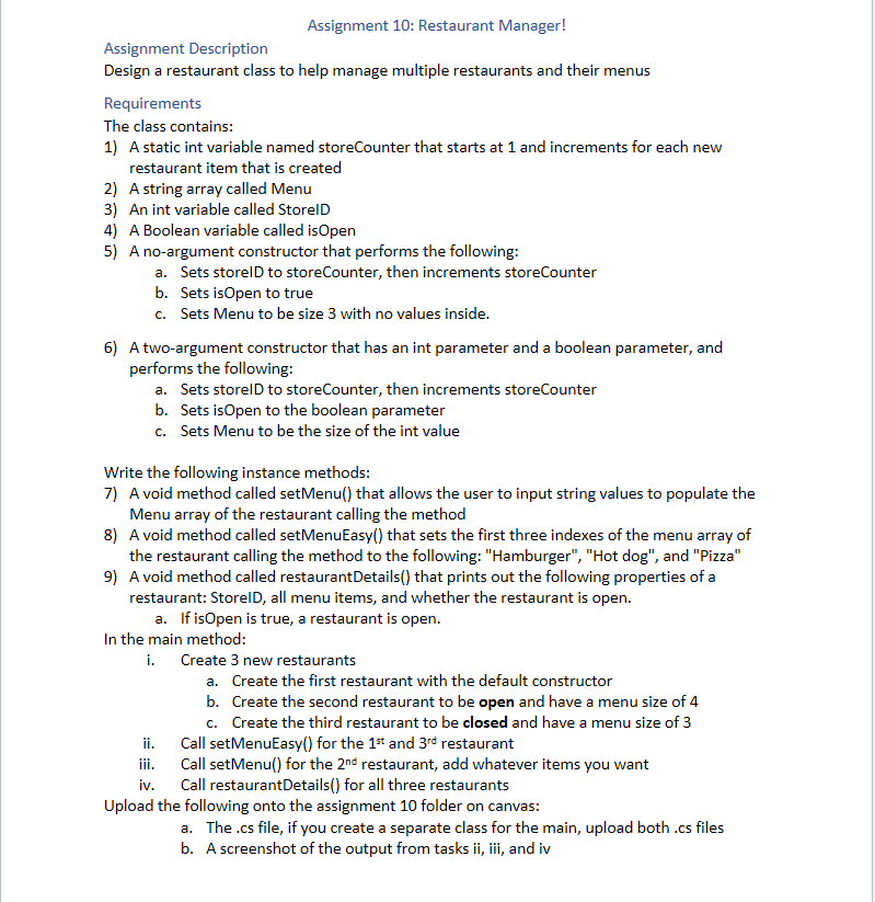 Solved Assignment 10: Restaurant Manager! Assignment | Chegg.com