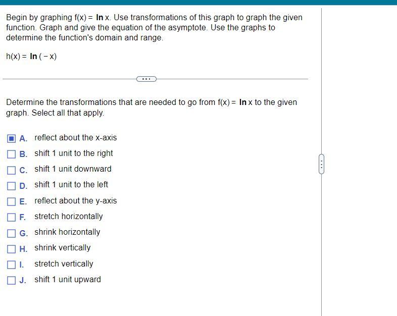Solved Begin by graphing f(x) = In x. Use transformations of | Chegg.com